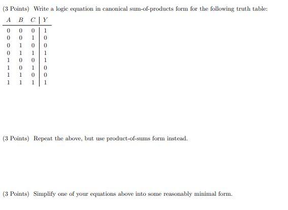 Solved (3 Points) Write a logic equation in canonical | Chegg.com