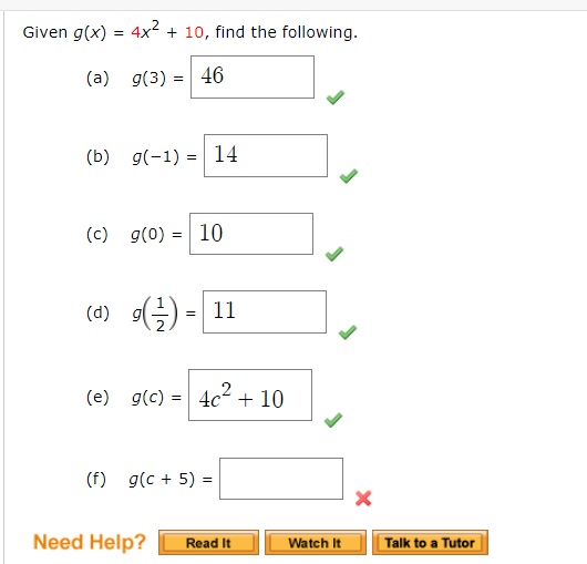 Solved Given g(x) = 4x2 + 10, find the following. (a) 9(3) = | Chegg.com