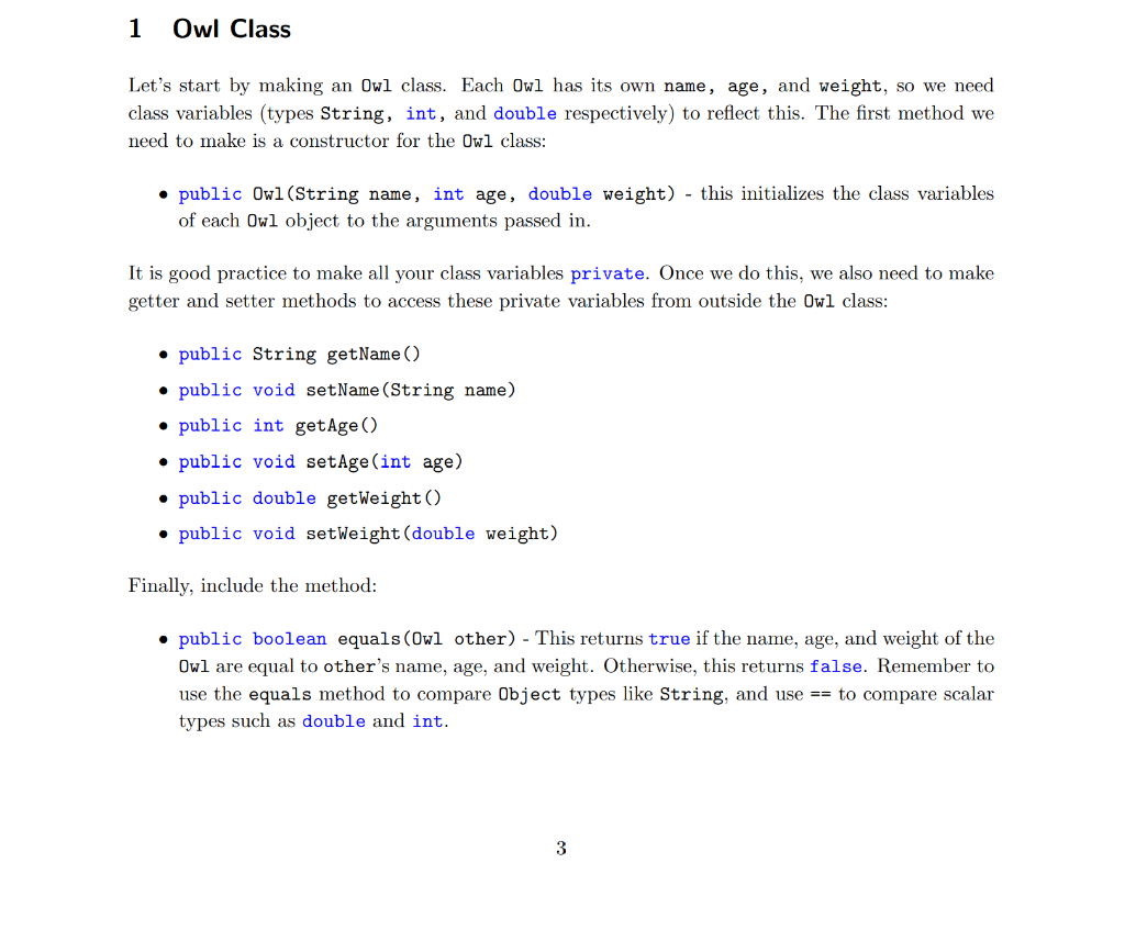 1 Owl Class Let's start by making an Owl class. Each | Chegg.com