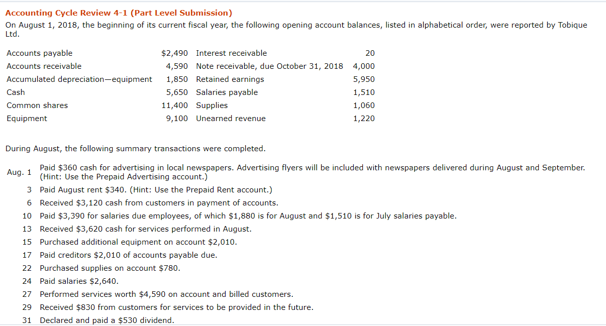 Solved Accounting Cycle Review 4-1 (Part Level Submission) | Chegg.com