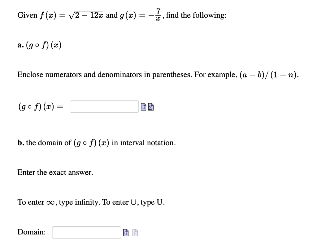 Solved Given f(x) = √2 – 12x and g(x) 7, find the following: | Chegg.com