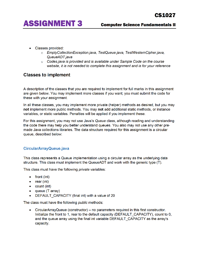 Solved CS1027 ASSIGNMENT 3 Computer Science Fundamentals II | Chegg.com