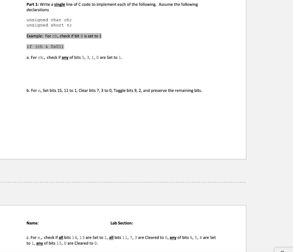Solved Part 1 Write A Single Line Of C Code To Implement 1735