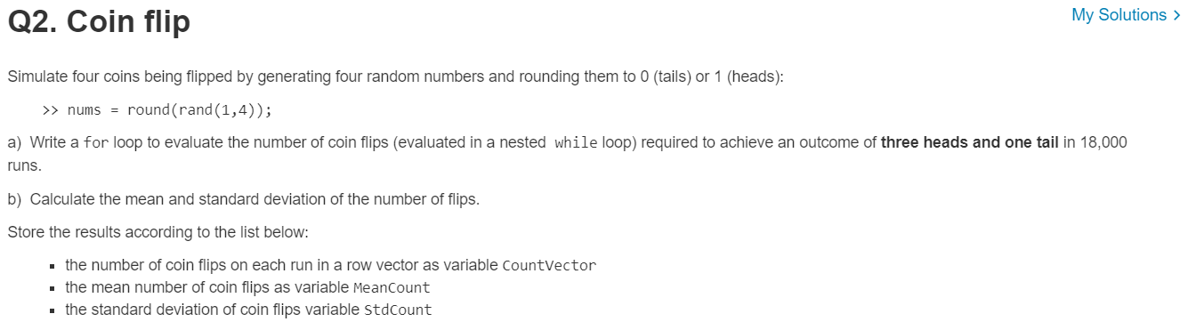 Q2. Coin flip My Solutions > Simulate four coins | Chegg.com