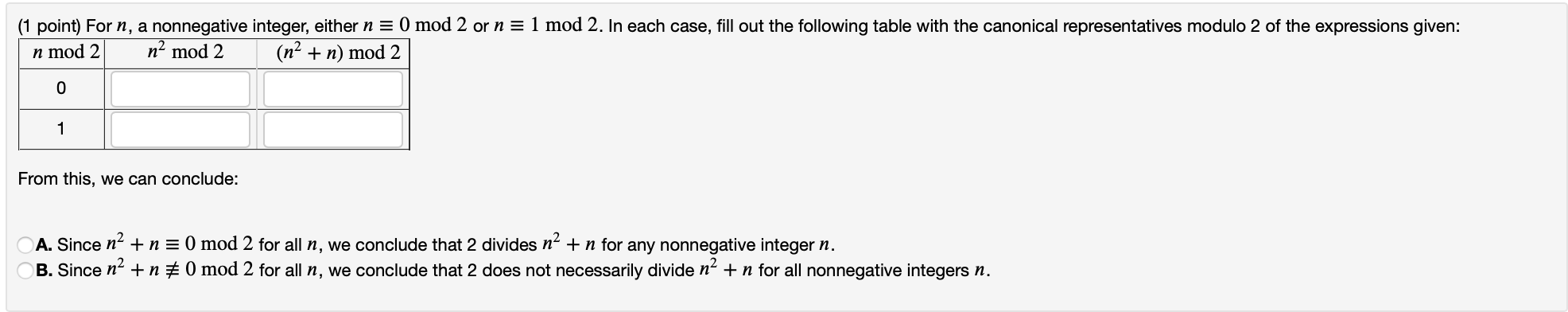 Solved (1 point) Forn, a nonnegative integer, either n = 0 | Chegg.com