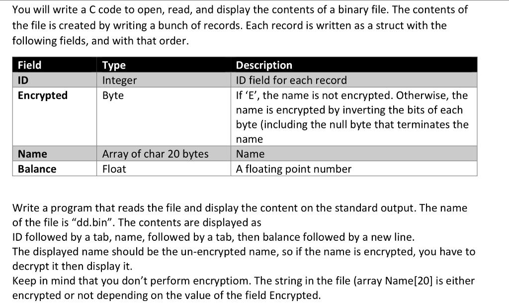 Solved You will write a C code to open, read, and display | Chegg.com