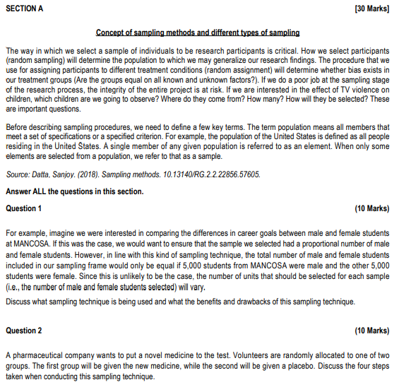 Solved SECTION A [30 Marks] Concept of sampling methods and | Chegg.com