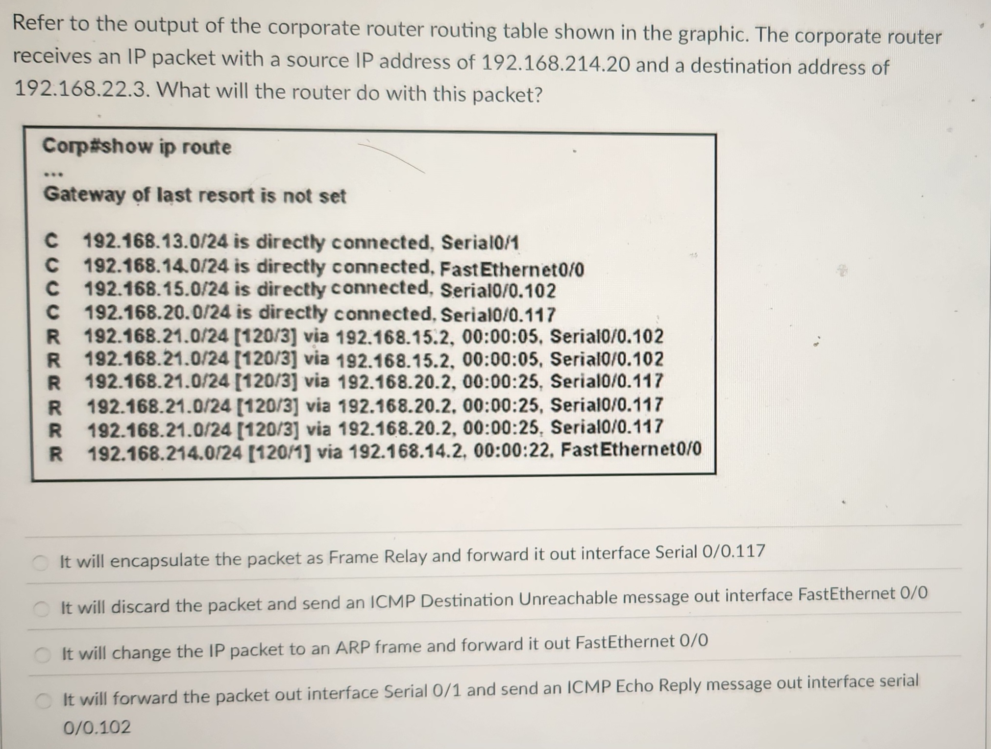 Solved Refer to the output of the corporate router routing | Chegg.com