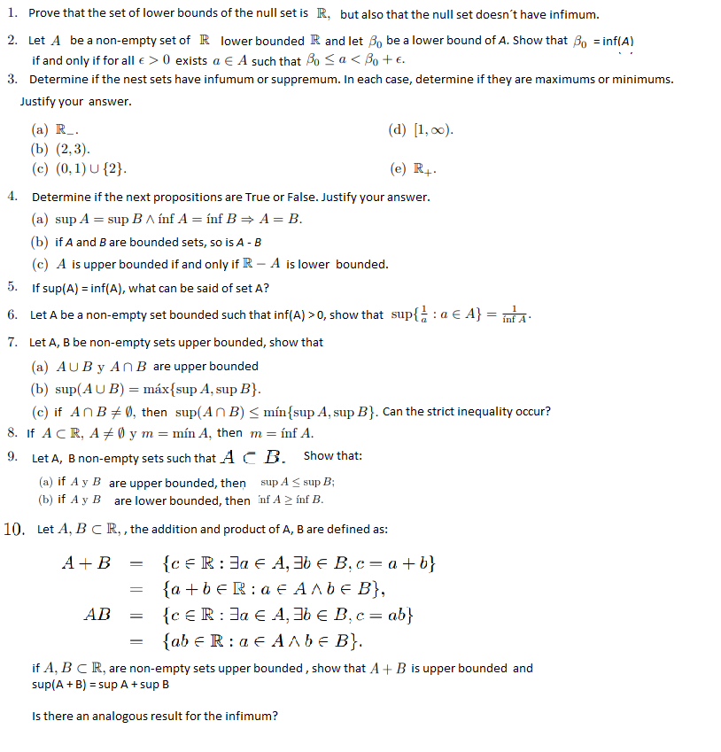 Solved 1. Prove that the set of lower bounds of the null set | Chegg.com