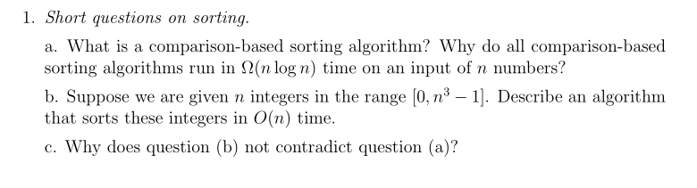 Solved 1 Short Questions Sorting Comparison Based Sorting Algorithm Comparison Based Sorting 0076