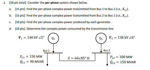 Solved 1. (50 pts total] Consider the per-phase system shown | Chegg.com