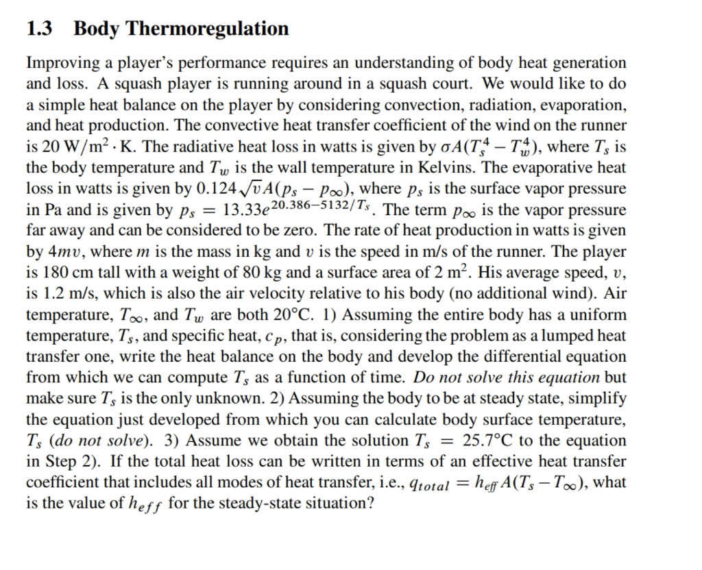 Solved 1.3 Body Thermoregulation Improving a player's | Chegg.com