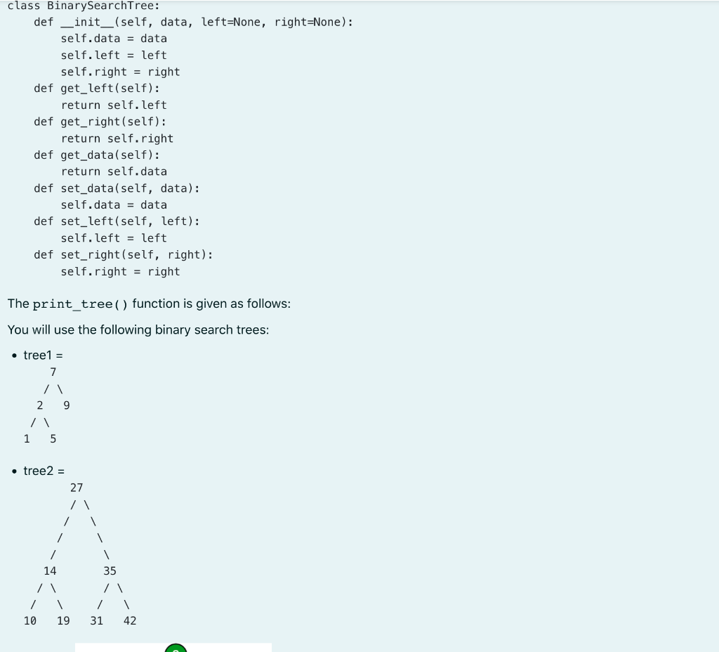 Solved class BinarySearchTree: def __init__(self, data, | Chegg.com