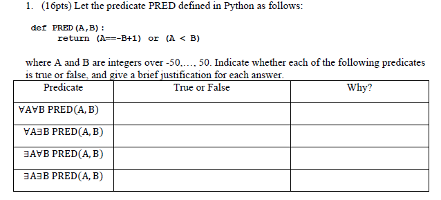 Solved 1. (16pts) Let the predicate PRED defined in Python | Chegg.com