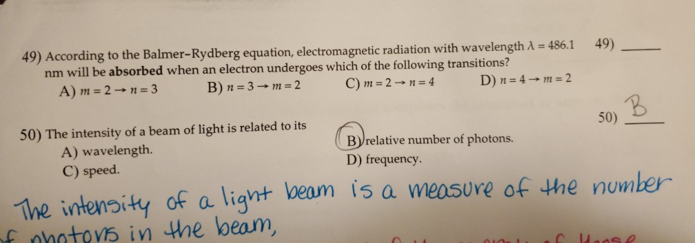 Solved 49 ) According to the Balmer-Rydberg equation, | Chegg.com
