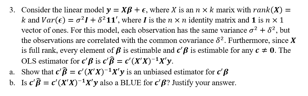 3. Consider the linear model y=Xβ+ϵ, where X is an | Chegg.com