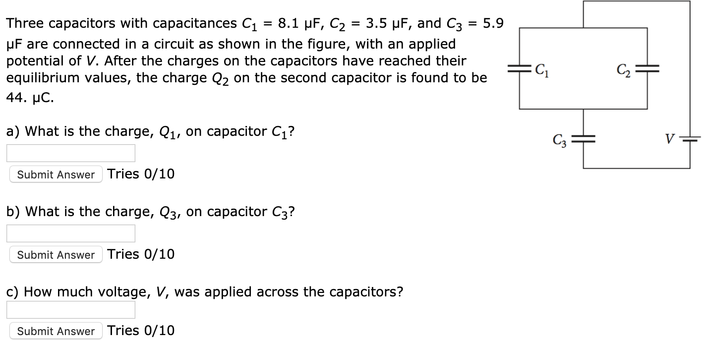 Solved Three capacitors with capacitances C1 8.1 HF, C2 3.5 | Chegg.com