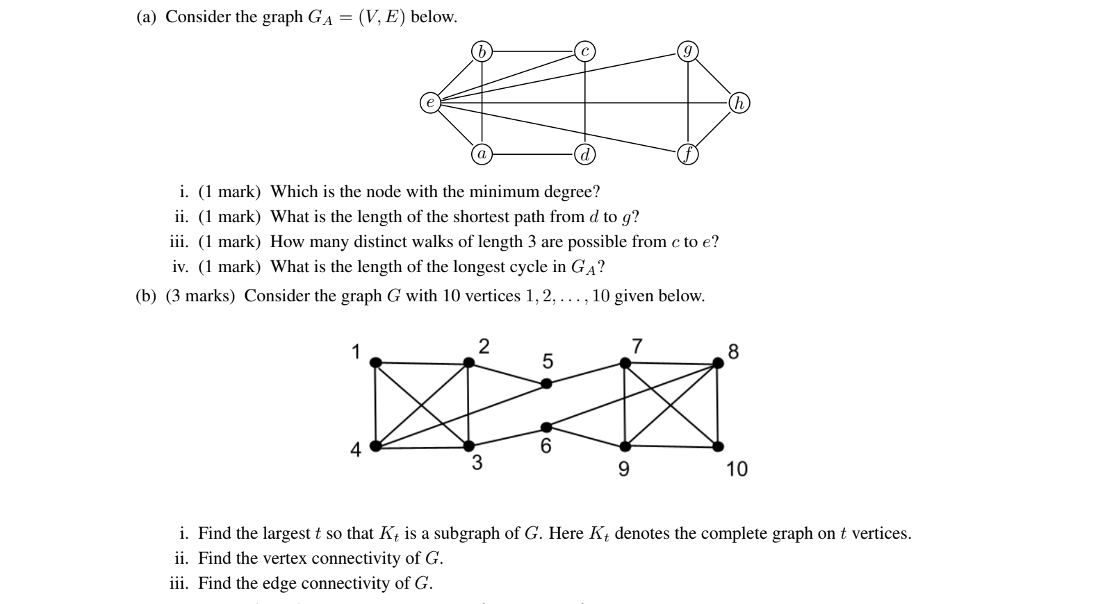 Solved (a) Consider the graph GA=(V,E) below. i. (1 mark) | Chegg.com
