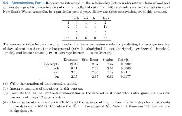 Solved 9.4 Absenteeism, Part I. Researchers interested in | Chegg.com