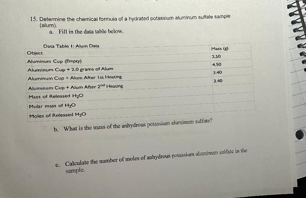 Solved 15. Determine the chemical formula of a hydrated | Chegg.com