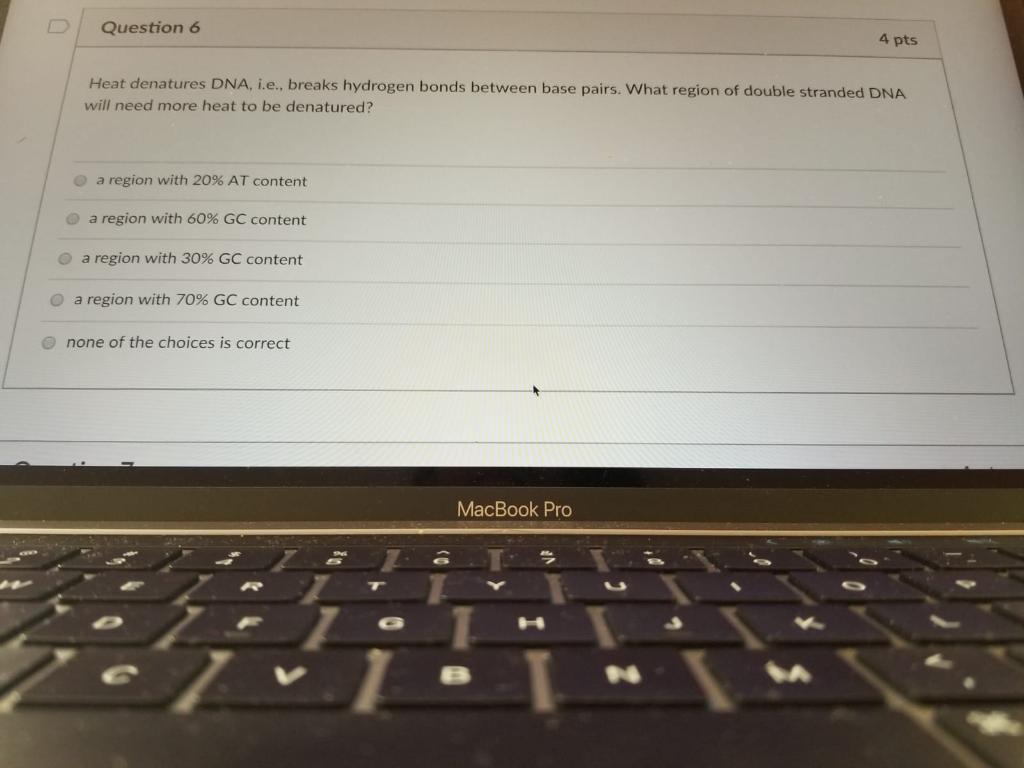 Solved Question 6 4 pts Heat denatures DNA, i.e., breaks | Chegg.com