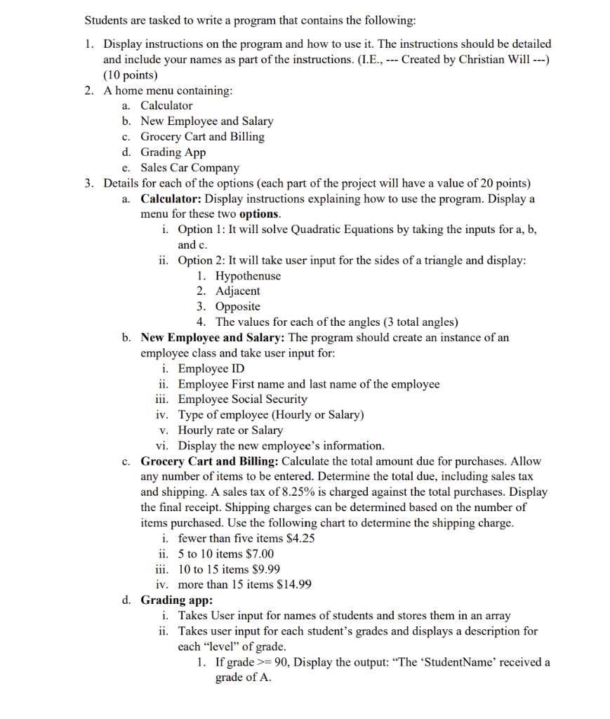 Students are tasked to write a program that contains | Chegg.com