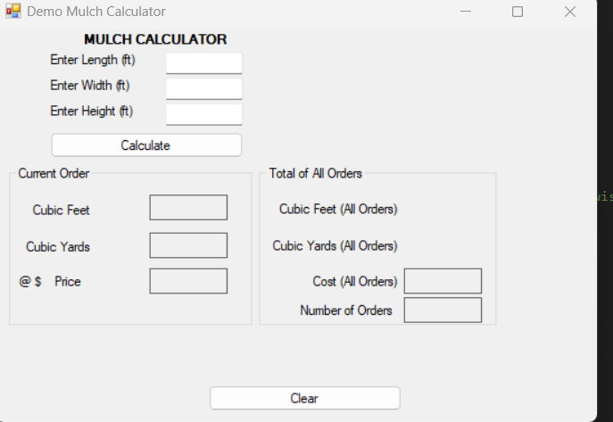 Solved Demo Mulch Calculator MULCH CALCULATOR Enter Length | Chegg.com