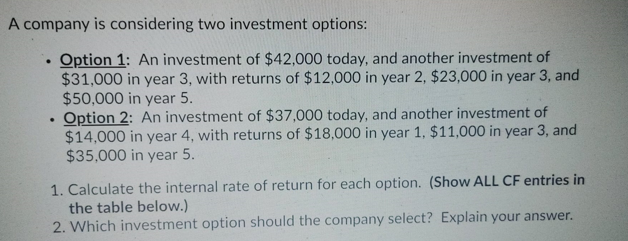 Solved A company is considering two investment options: . | Chegg.com