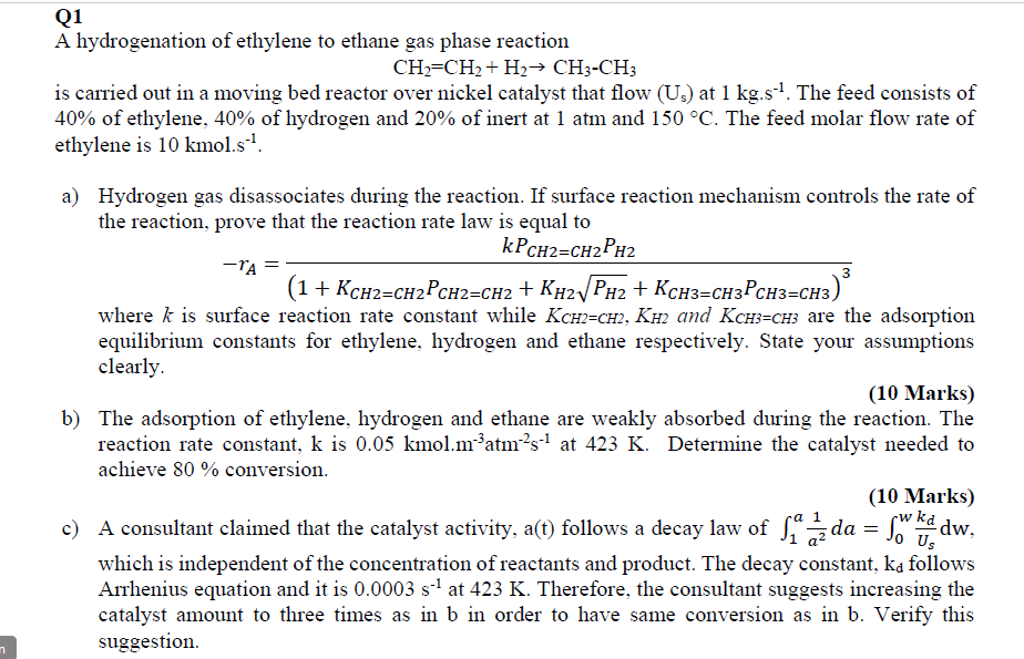 A hydrogenation of ethylene to ethane gas phase | Chegg.com