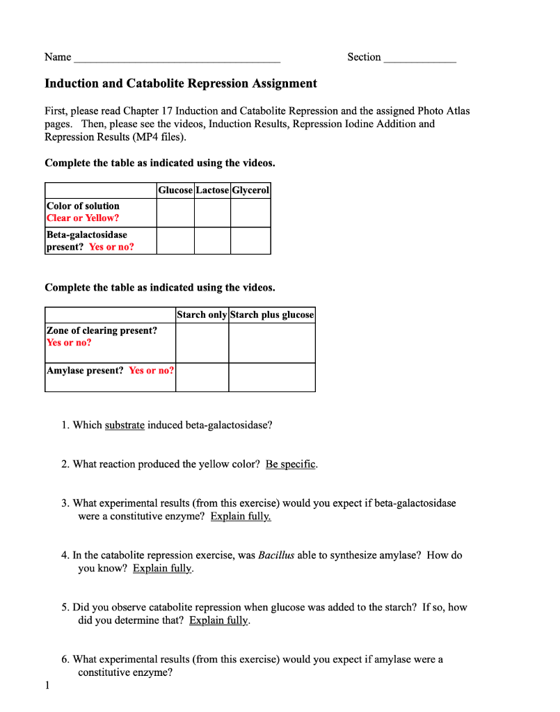 Name Section Induction and Catabolite Repression | Chegg.com