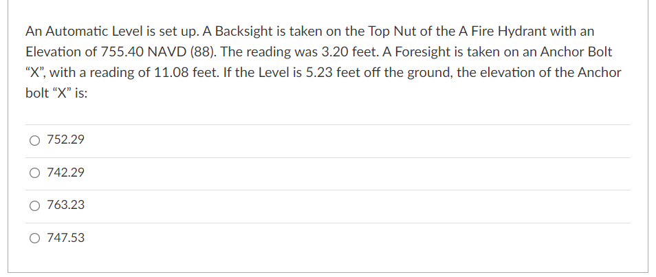 Solved An Automatic Level is set up. A Backsight is taken on | Chegg.com