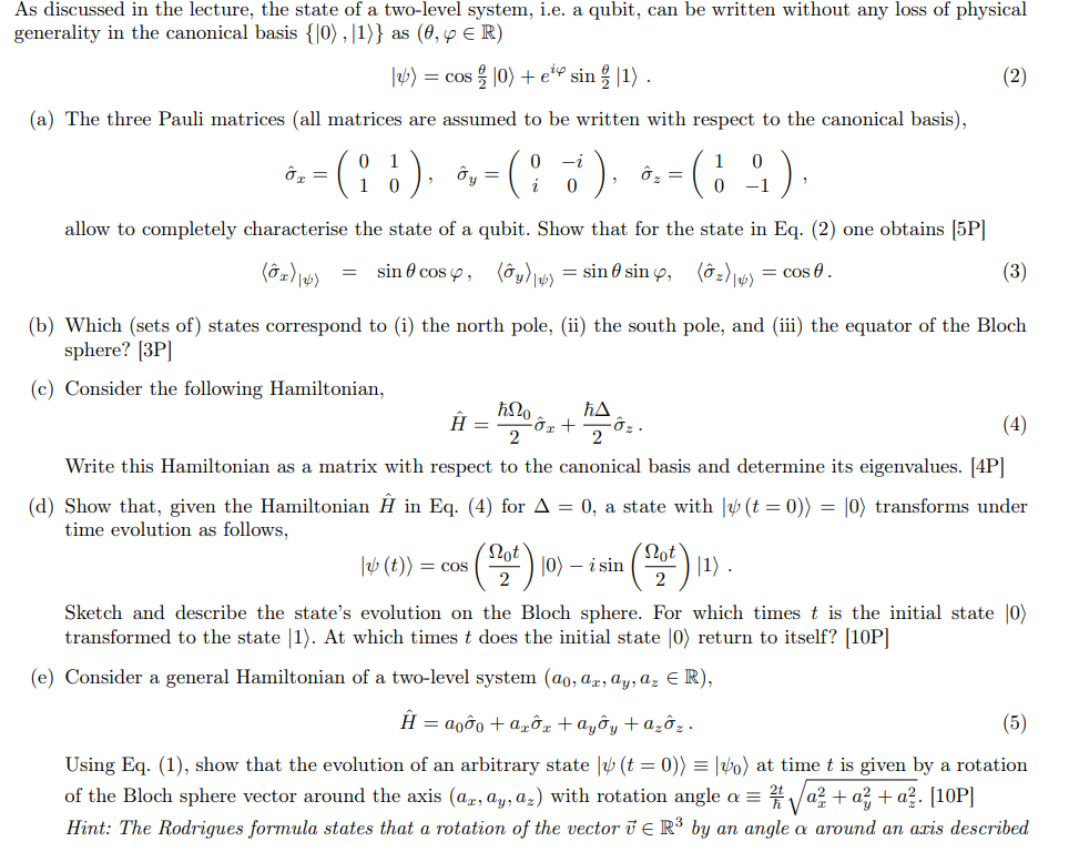 As discussed in the lecture, the state of a two-level | Chegg.com