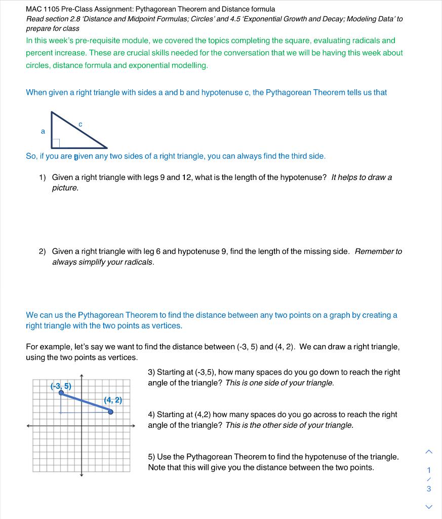 Solved MAC 1105 Pre-Class Assignment: Pythagorean Theorem | Chegg.com