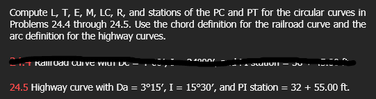 Solved Compute L,T,E,M,LC,R, and stations of the PC and PT | Chegg.com