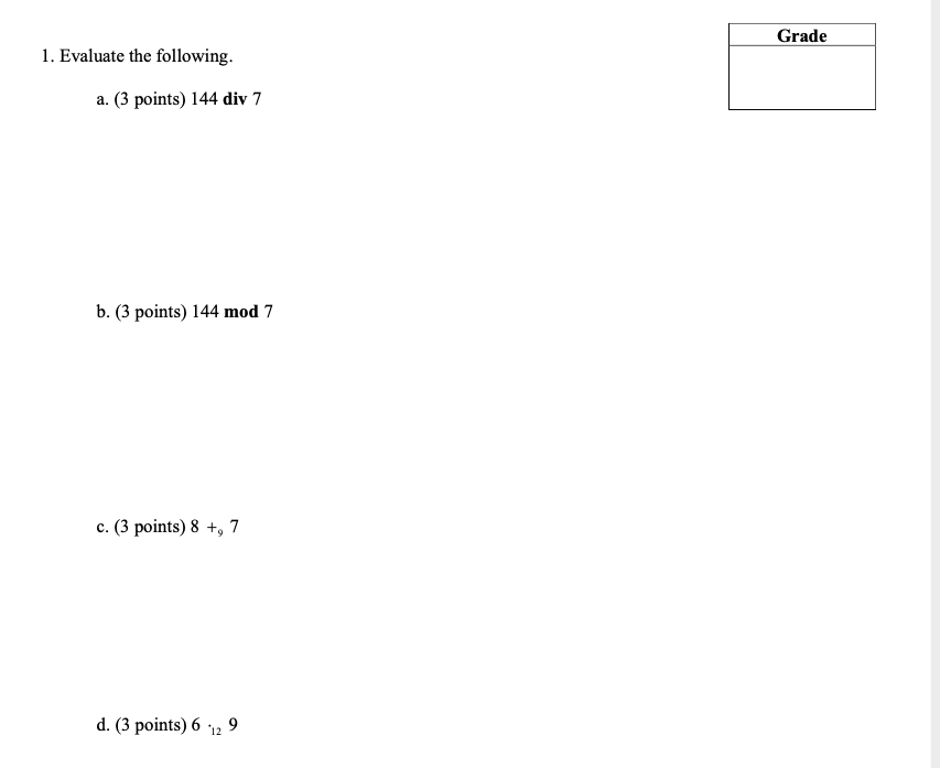 Solved Grade 1. Evaluate the following. a. (3 points) 144 | Chegg.com