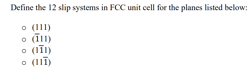 Solved Define the 12 slip systems in FCC unit cell for the | Chegg.com