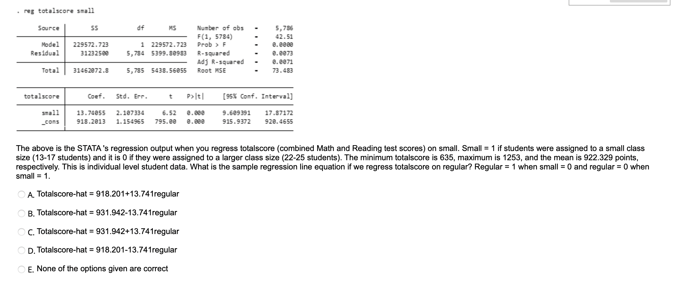 Solved reg totalscore small Source SS df MS Model Residual | Chegg.com