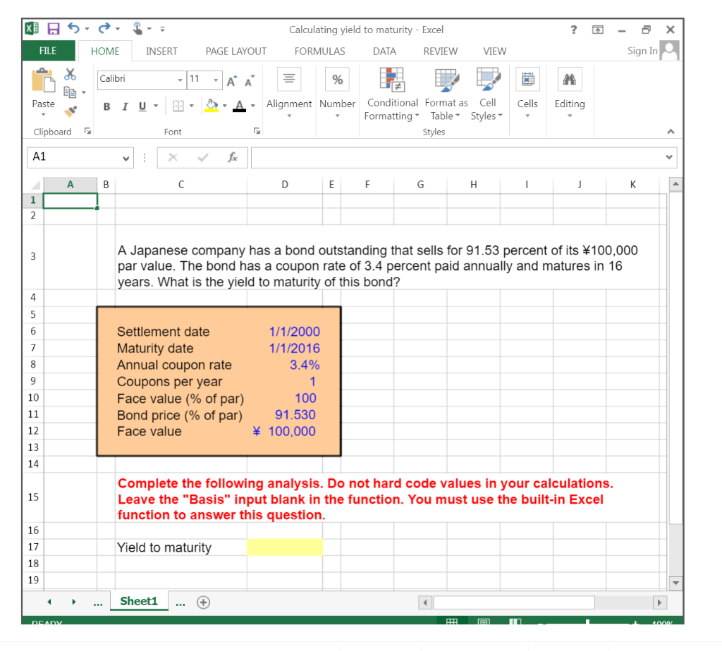 Solved X $ Calculating yield to maturity - Excel ? Х FILE | Chegg.com