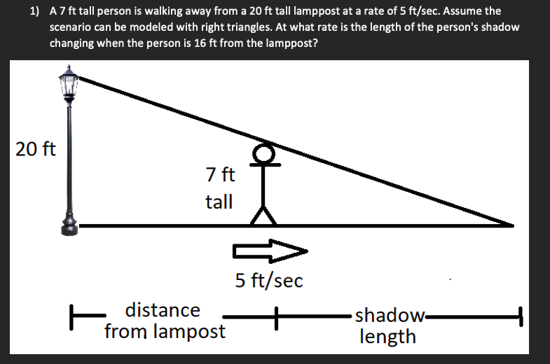 Solved 1) A 7 ft tall person is walking away from a 20 ft | Chegg.com
