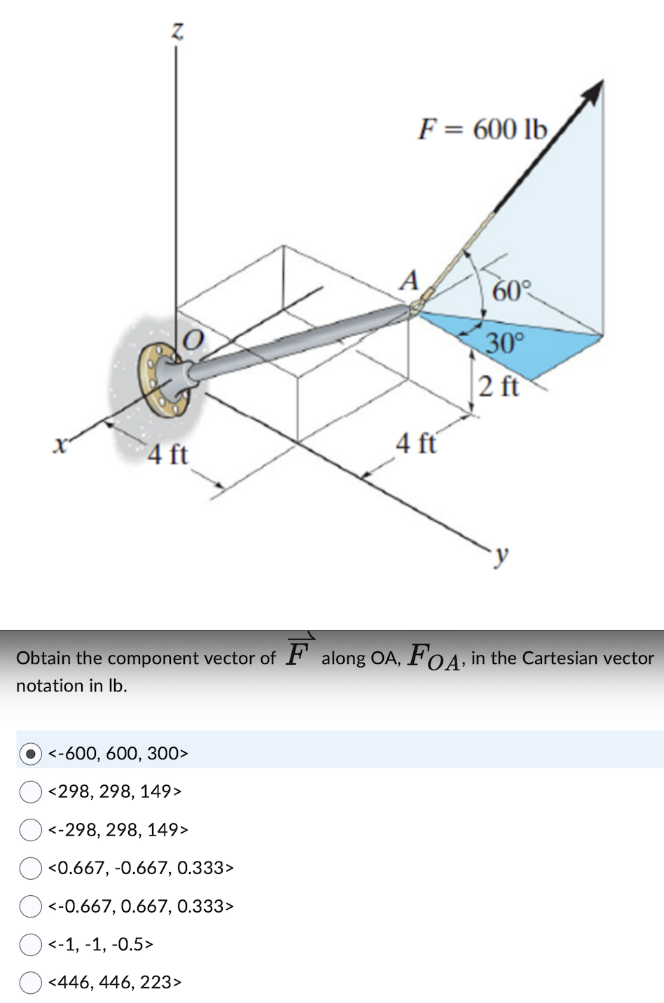 Solved Obtain the component vector of F along OA,FOA, in the | Chegg.com