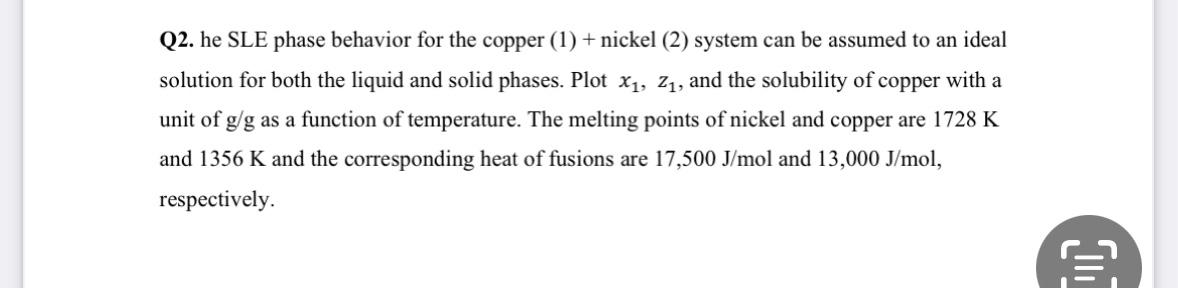 Solved Q2. he SLE phase behavior for the copper (1) + nickel | Chegg.com