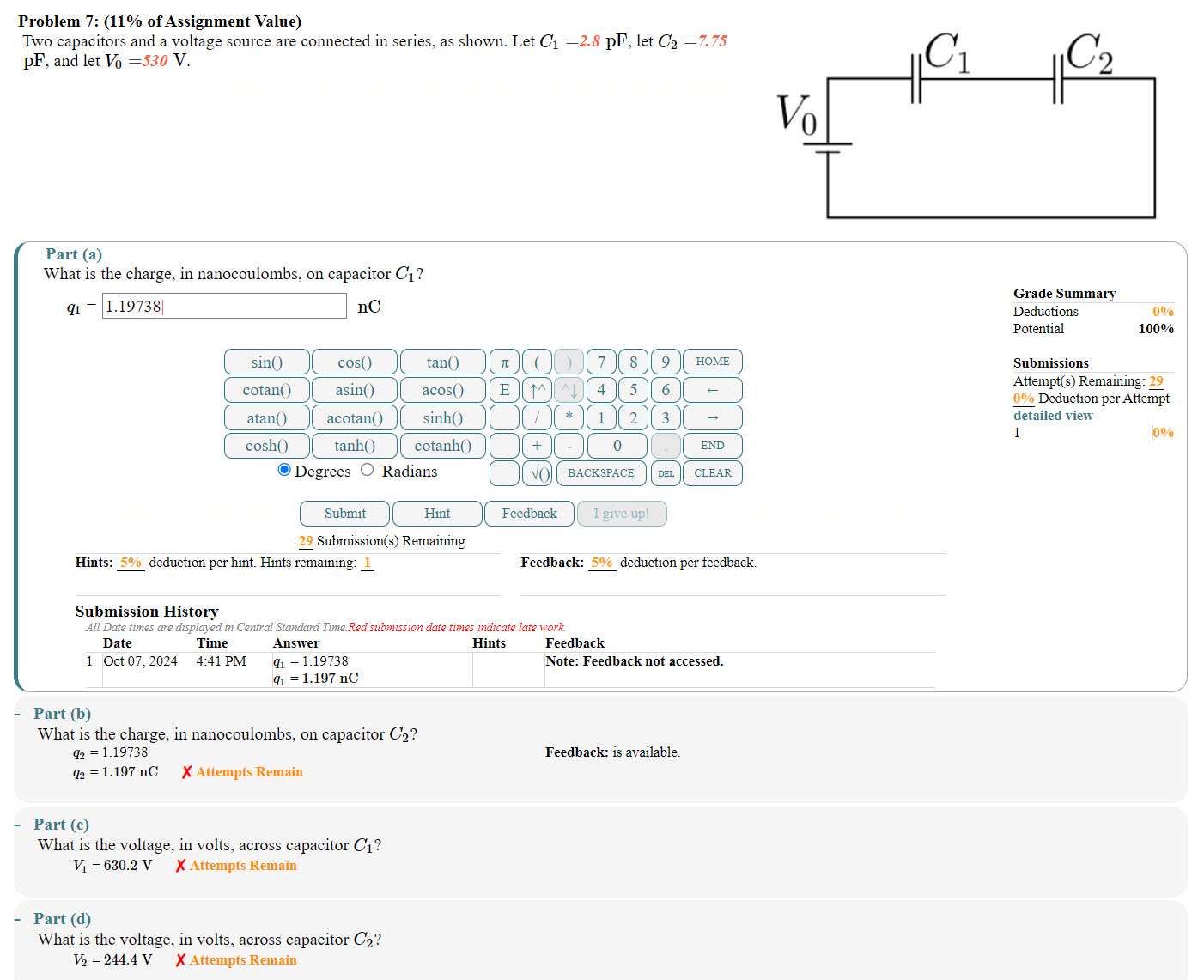 Solved Problem 7: (11% ﻿of Assignment Value)Two capacitors | Chegg.com