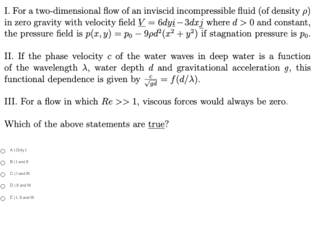 Solved I. For a two-dimensional flow of an inviscid | Chegg.com