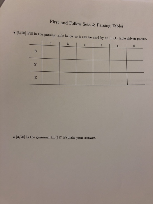 Solved First And Follow Setsandparsing Tables Question 4 20 0884