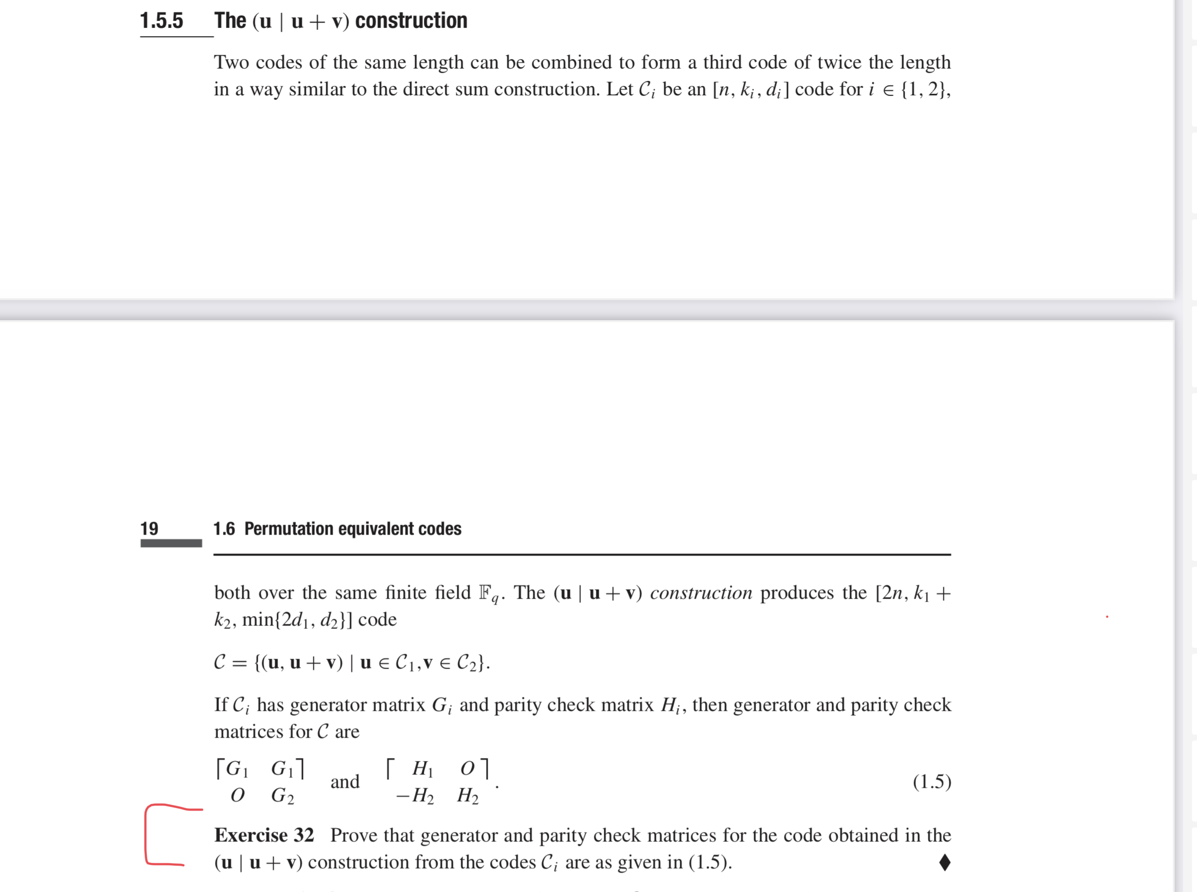 Solved 1.5.5 The (u∣u+v) construction Two codes of the same | Chegg.com
