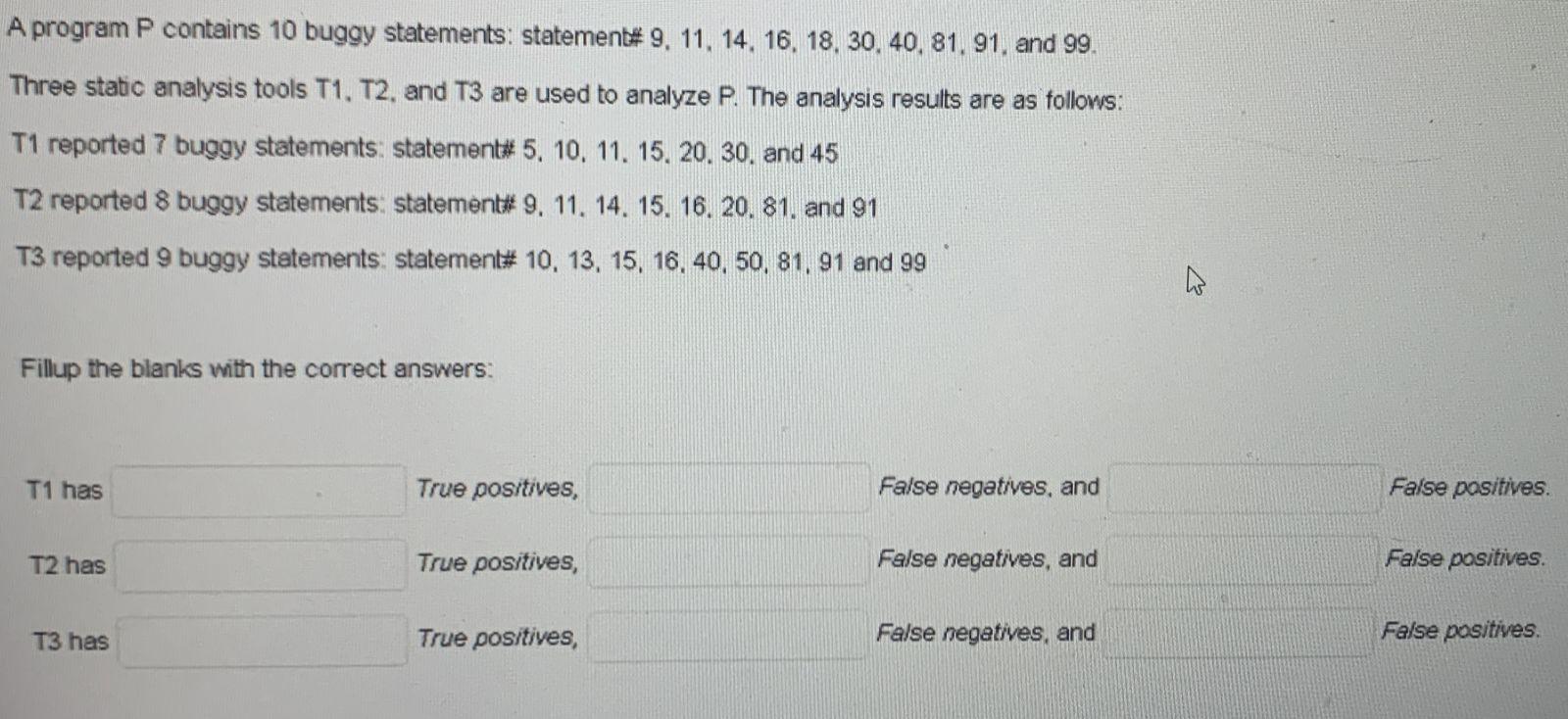 Solved A program P contains 10 buggy statements: statement# | Chegg.com