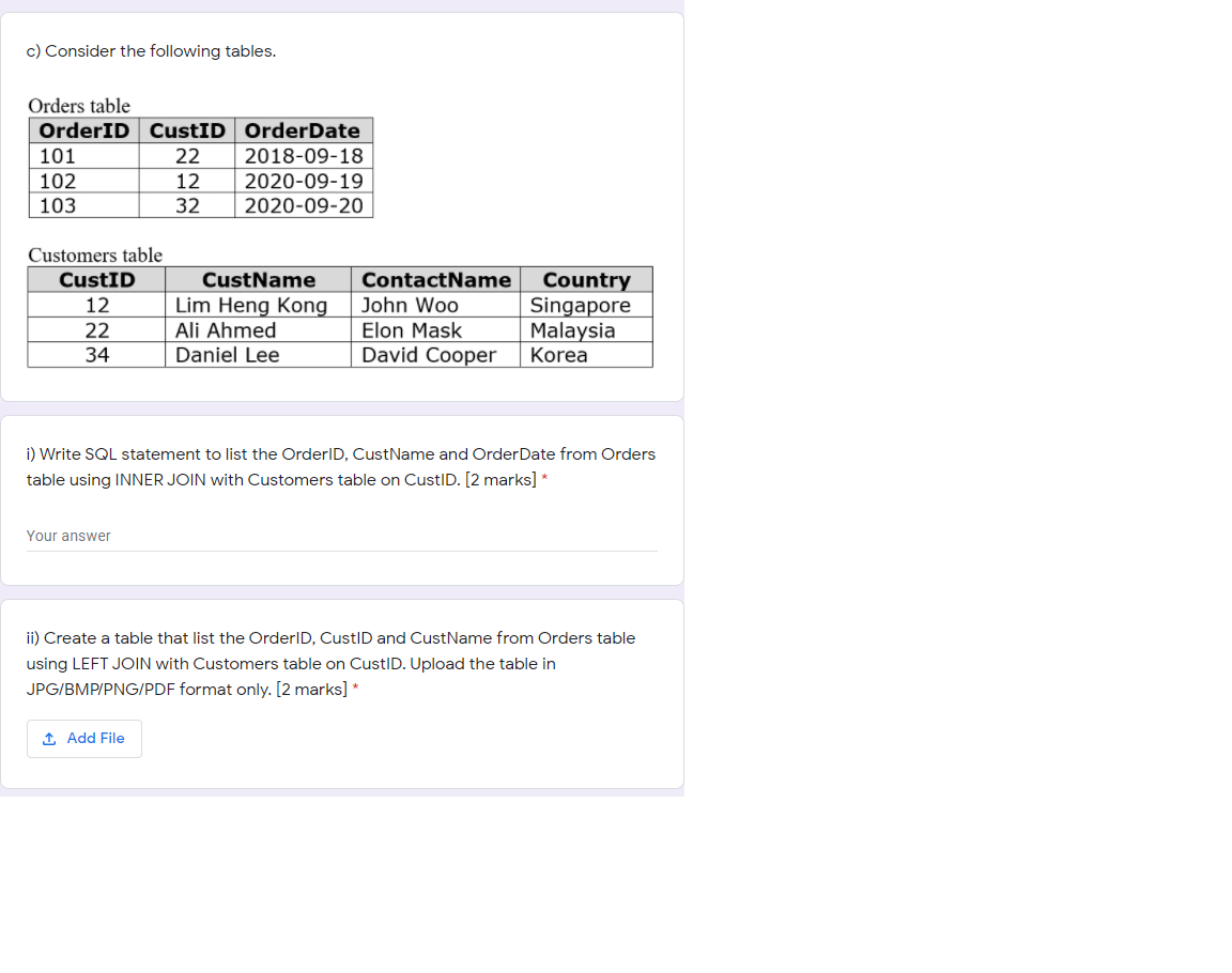 Solved c) Consider the following tables. Orders table | Chegg.com