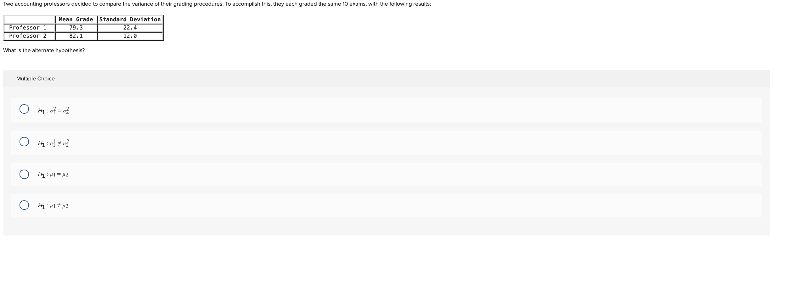 Solved What is the alternate hypothesis? Multiple Choice | Chegg.com