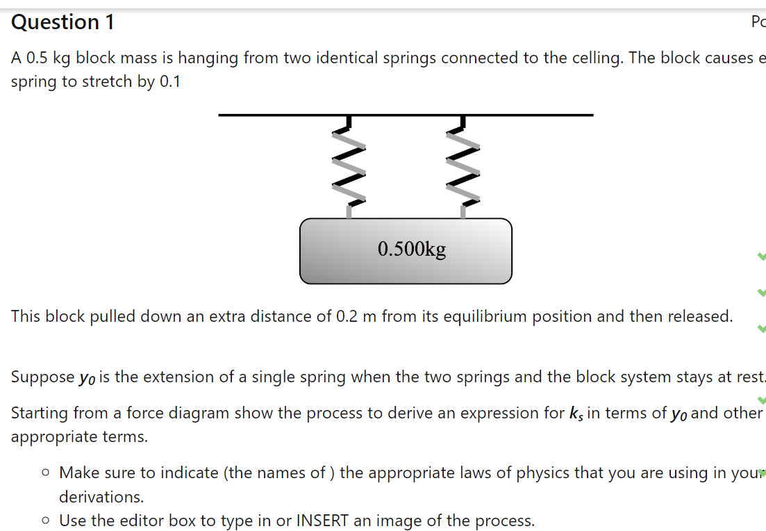Solved A 0.5 kg block mass is hanging from two identical | Chegg.com