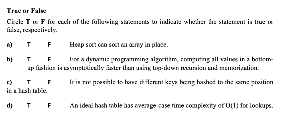 Solved True or False Circle T or F for each of the following | Chegg.com
